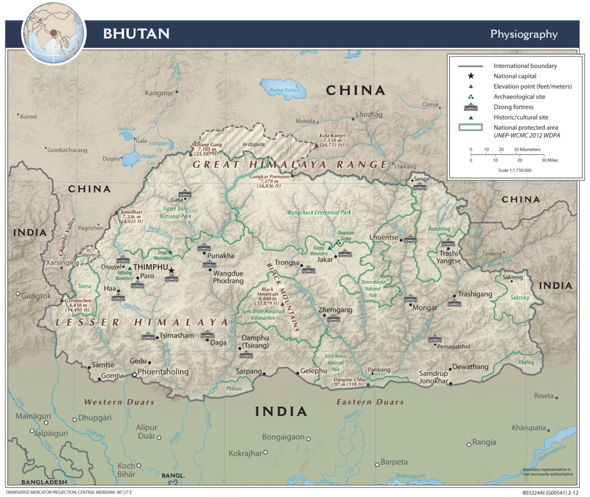 Physiography Map of Bhutan - country.report